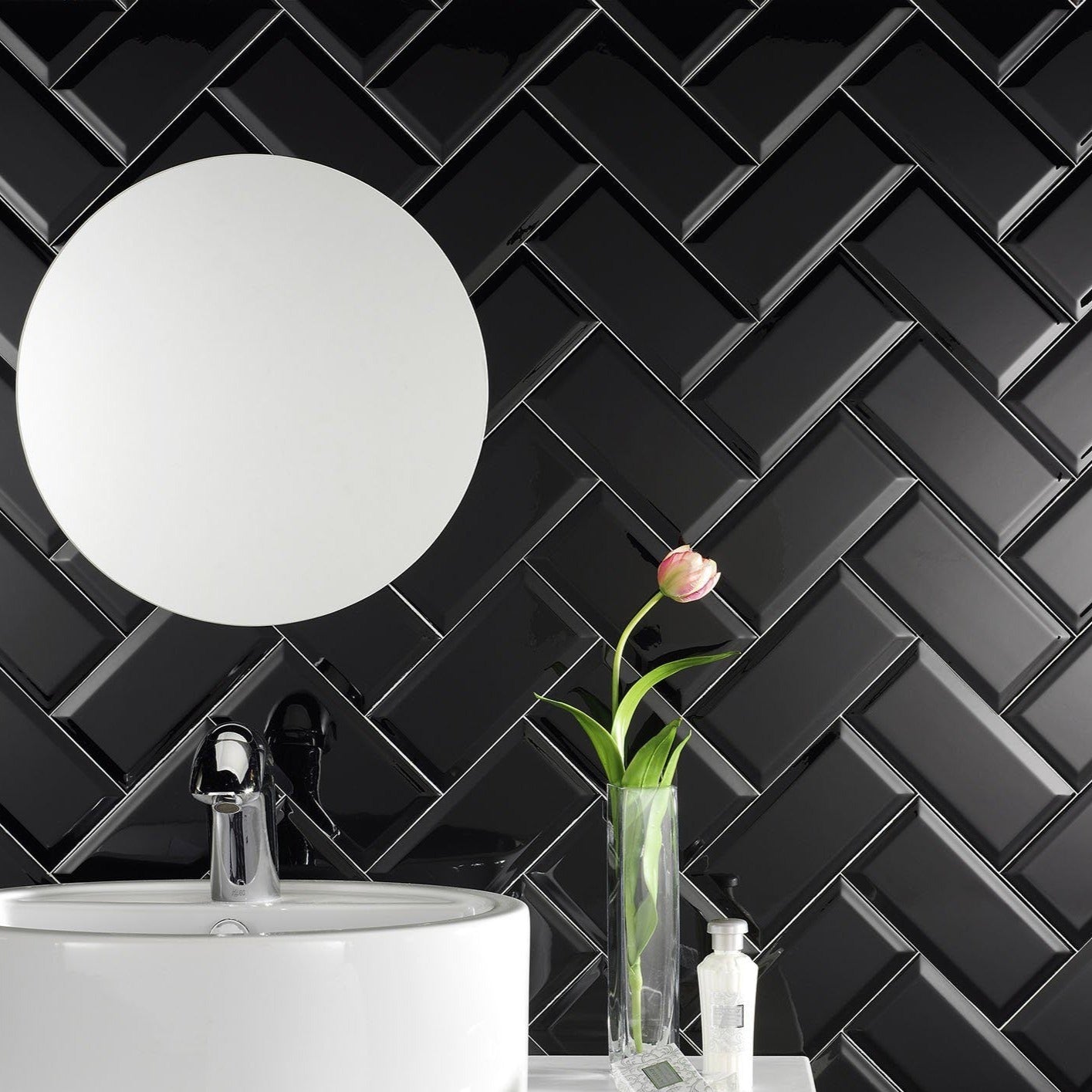 Buy 20cm x 10cm Bevelled Black Gloss 10x20 Tile Online Today
